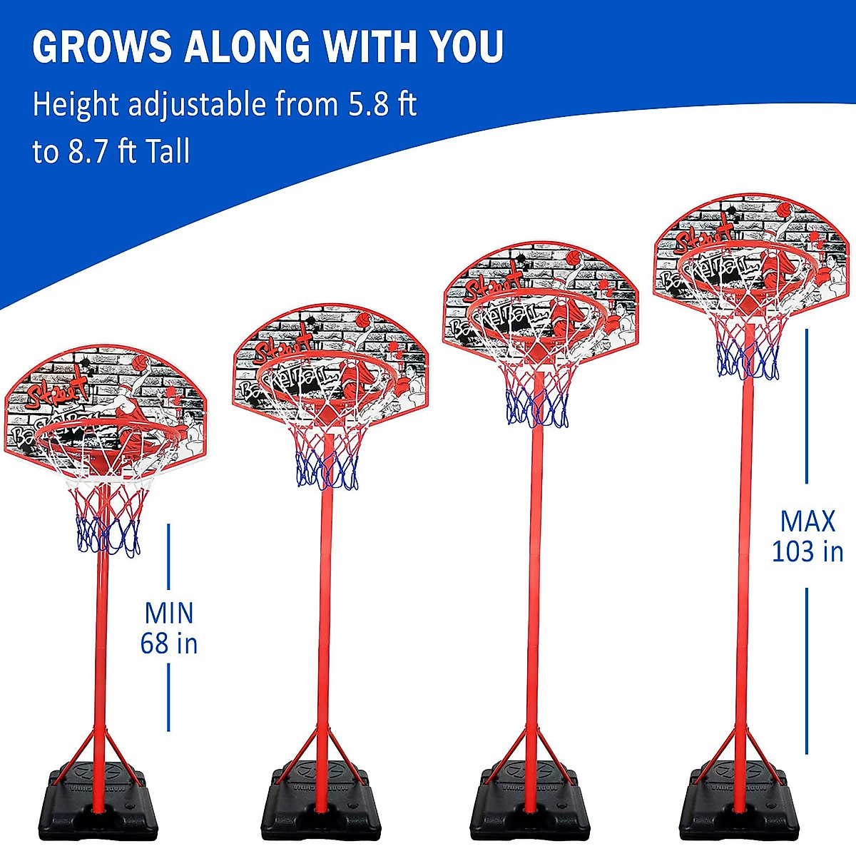 Kids Basketball Hoop Indoor Outdoor Play Adjustable Height 5.8 ft to 8.7 ft Tall Portable Basketball Court Hoops Net with Fillable Base