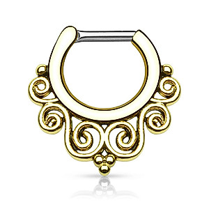 Tribal Swirls IP Surgical Steel Septum Ring Clicker Nose Piercing 16G - Gold