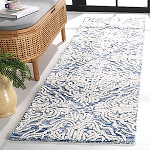 SAFAVIEH Blossom Collection 2' 3" x 12' Blue/Ivory BLM103M Handmade Premium Wool Entryway Foyer Living Room Kitchen Runner Rug