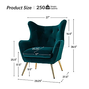 HULALA HOME Velvet Accent Chair, Set of 2 Modern Wingback Armchair with Metal Gold Legs, Tufted Upholstered Tall Back Side Chair for Living Room Bedroom, Home Office Reading Chair, Teal