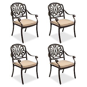 VINGLI Outdoor Dining Chairs Set of 4 Aluminum Patio Chairs, Cast Aluminum Patio Furniture Aluminum Outdoor Chairs for Backyard, Poolside, Balcony Bronze (with Cushion)