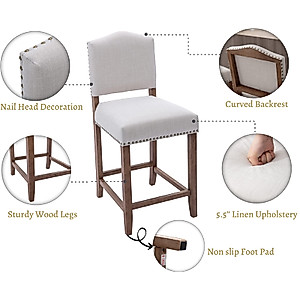 EALSON Farmhouse Bar Stools Set of 2 Bar Height Kitchen Barstools with Back Mid Century Modern Wooden Bar Chairs Linen Upholstered High Counter Stools for Home Bar/Island/Pub, 30 Inch Beige