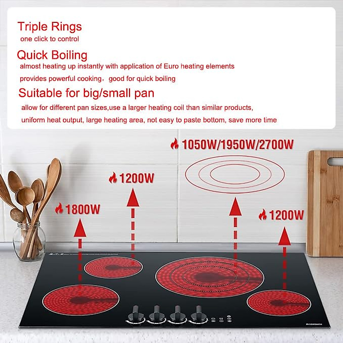 ECOTOUCH Eelectric Cooktop 30 inch 4 Burner 220-240V 6900W, Radiant Electric Cooktop Built-in, 30" Stove Top Knob Control, Timer&Child Safety Lock, for Hard Wire(No Plug), CRAH774A-U