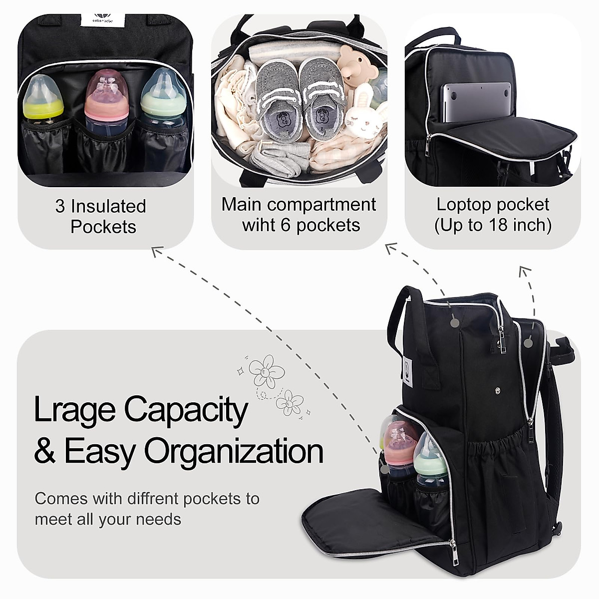 COTTONBEBE Diaper Bag with Changing Pad, Large Baby Bags Backpack with Stroller Straps & Insulated Pockets, Multifunction Waterproof Travel Diapers Back pack for Women & Man, Black