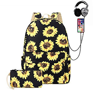 Natayoo Sunflower School Backpack for Girls Women Water Resistant Laptop Backpack with USB Charging Port, Lightweight College Bookbag