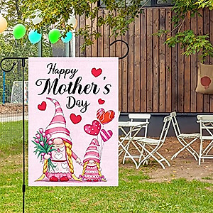 Louise Maelys Happy Mother's Day Garden Flag for Mom 12x18 Double Sided, Burlap Small Vertical Pink Gnome Garden Yard Flags for Spring Outside Outdoor House Mothers Day Decoration (ONLY FLAG)