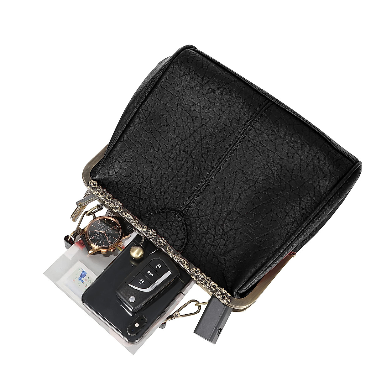 Abuyall Women Small Retro Kiss Lock Pu Leather Vintage Purses and Handbags Tote Bags Black