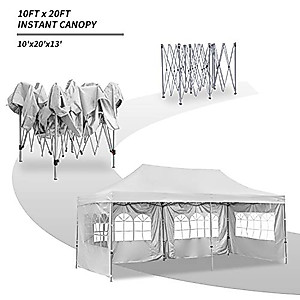 LEISURELIFE Outdoor Pop Up 10'x20' Canopy Tent with Sidewall - Folding Commercial Gazebo Party Tent Blue Red White with Wheeled Carry Bag (4 Sidewalls, White)