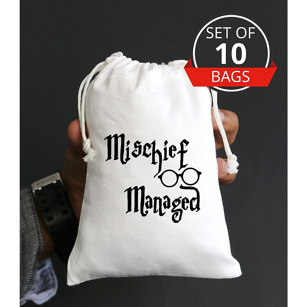 Mischief Managed Bachelorette Party Supplies for Boys/Girls | Hangover Kit-Recovery Kit - Survival kit for Men Women | Cotton Muslin Drawstring Bag 5 X 7 - Set of 10