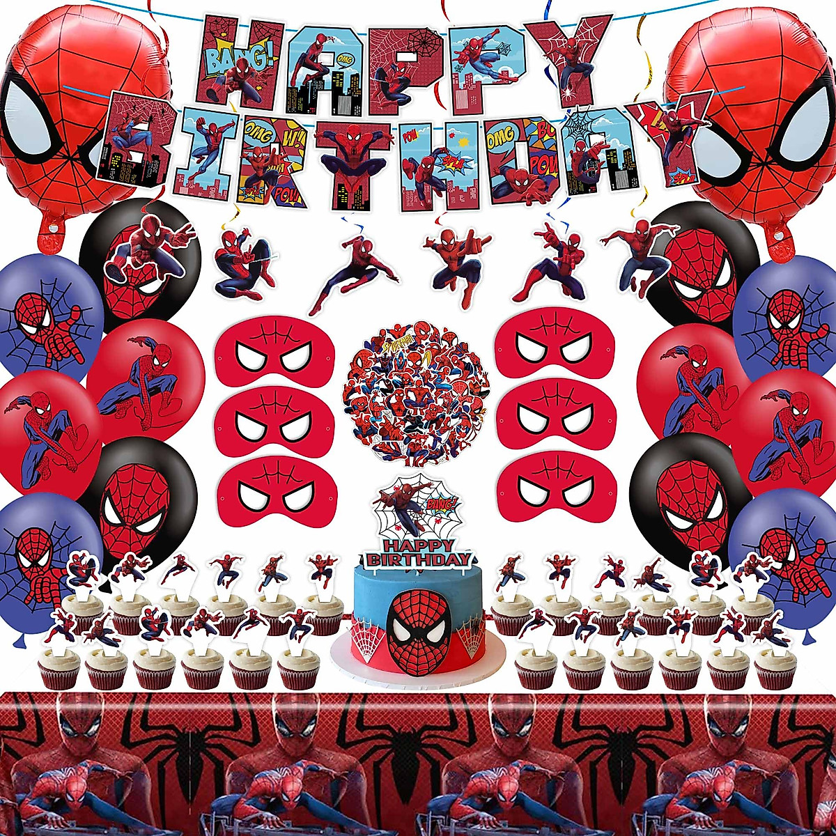 Spider Birthday Decorations, Spider Birthday Party Supplies Include Banner, Balloons, Spider Masks, Spider Stickers, Tablecloth and Backdrop for Girls Boys Birthday Party Decorations