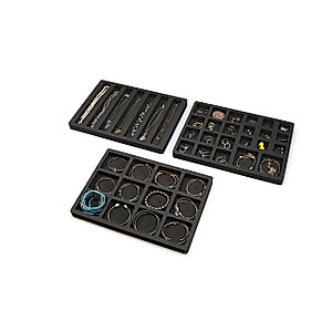 Polar Whale Stackable Jewelry Tray Display Organizer Grid for Home Bedroom Dresser Bathroom Vanity Drawer Durable Elegant Black Foam 14 x 10 Inches Bracelet Ear Ring Necklace and More 3 Piece Set