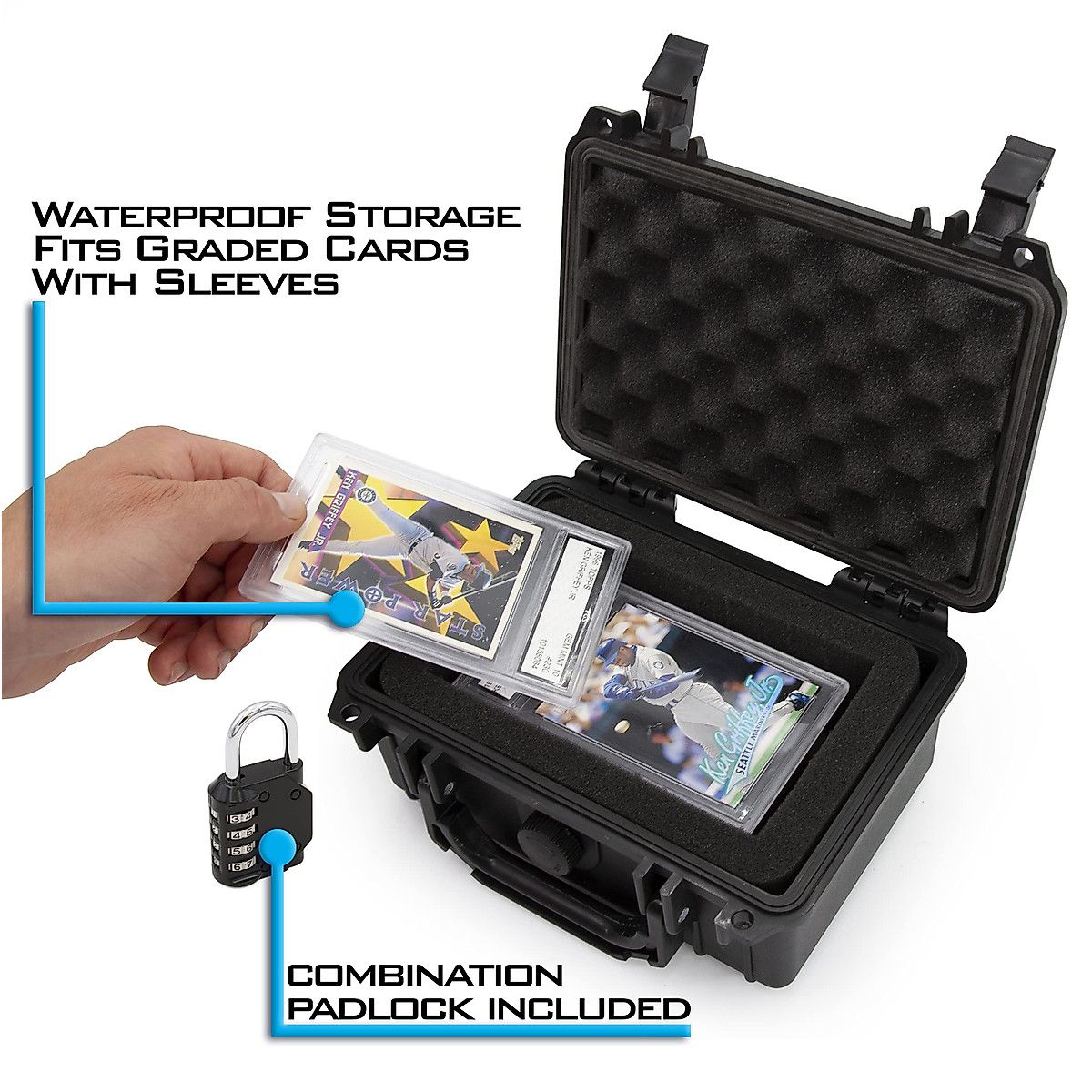 CASEMATIX Graded Card Case Storage Box For Sports Cards Compatible With 8 BGS, 13 FGS or 11 GMA PSA Graded Trading Card Slabs and More Collectible Cards - Airtight, Waterproof and Includes Padlock