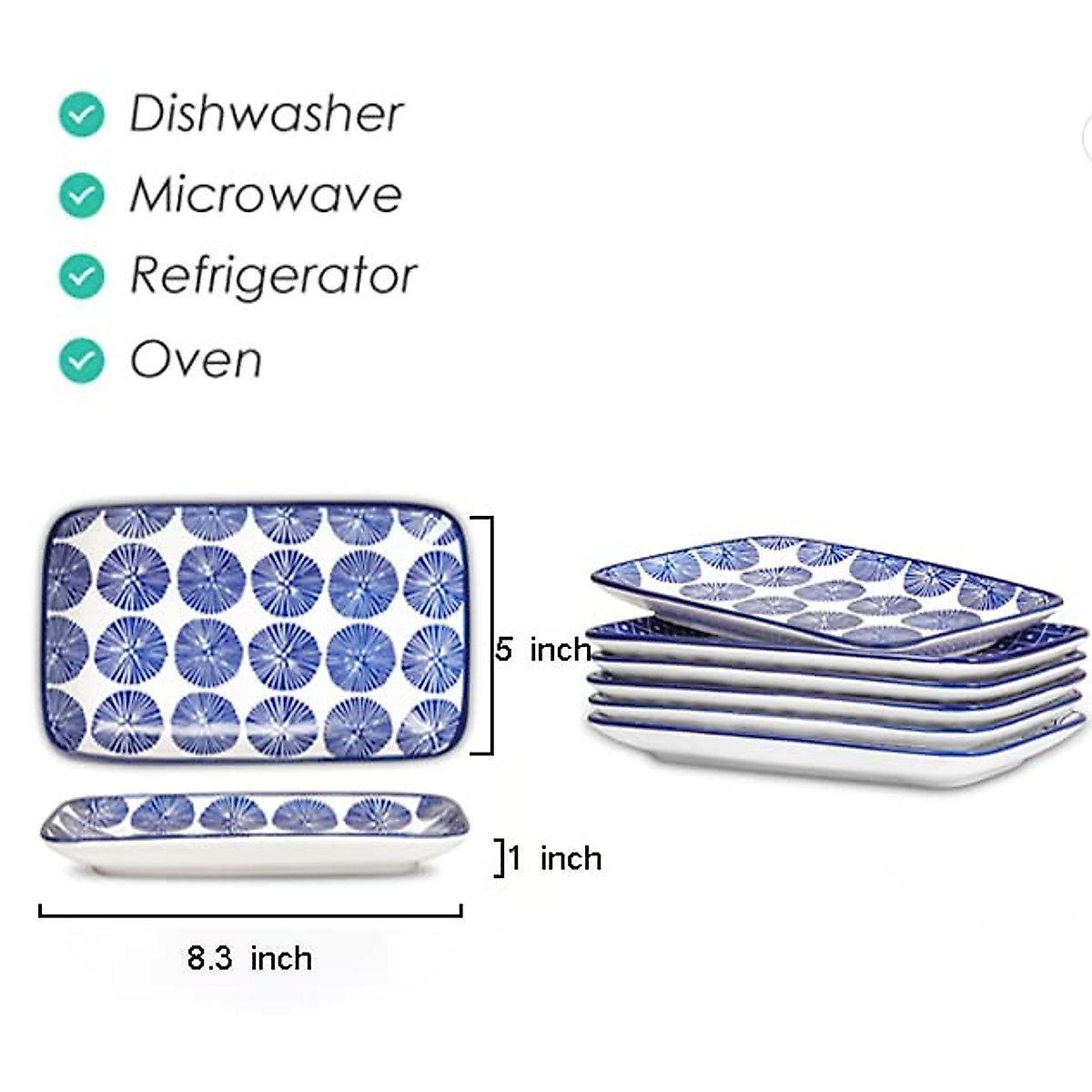 Selamica Ceramic 8 inch Rectangular Salad Plates, Dinner Plates, Pasta Dessert Plates Serving Trays for Appetizer, Sushi, Fruit - Microwave/oven/Dishwasher Safe, Set of 6, Vintage Blue