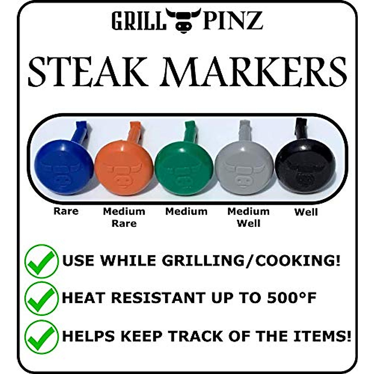 Steak Pinz - Grill Safe, Reusable Nylon Food Markers for Marking Desired Grilling Temperature, Spiciness, or Marking Dietary Restrictions - Made in The USA. (Pack of 32 Pinz