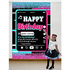 TIK TOC Backdrop Personalized Name with a Marker Music Birthday Party Decorations,Large Birthday Party Backdrop for Teens Social Media Theme Birthday Party