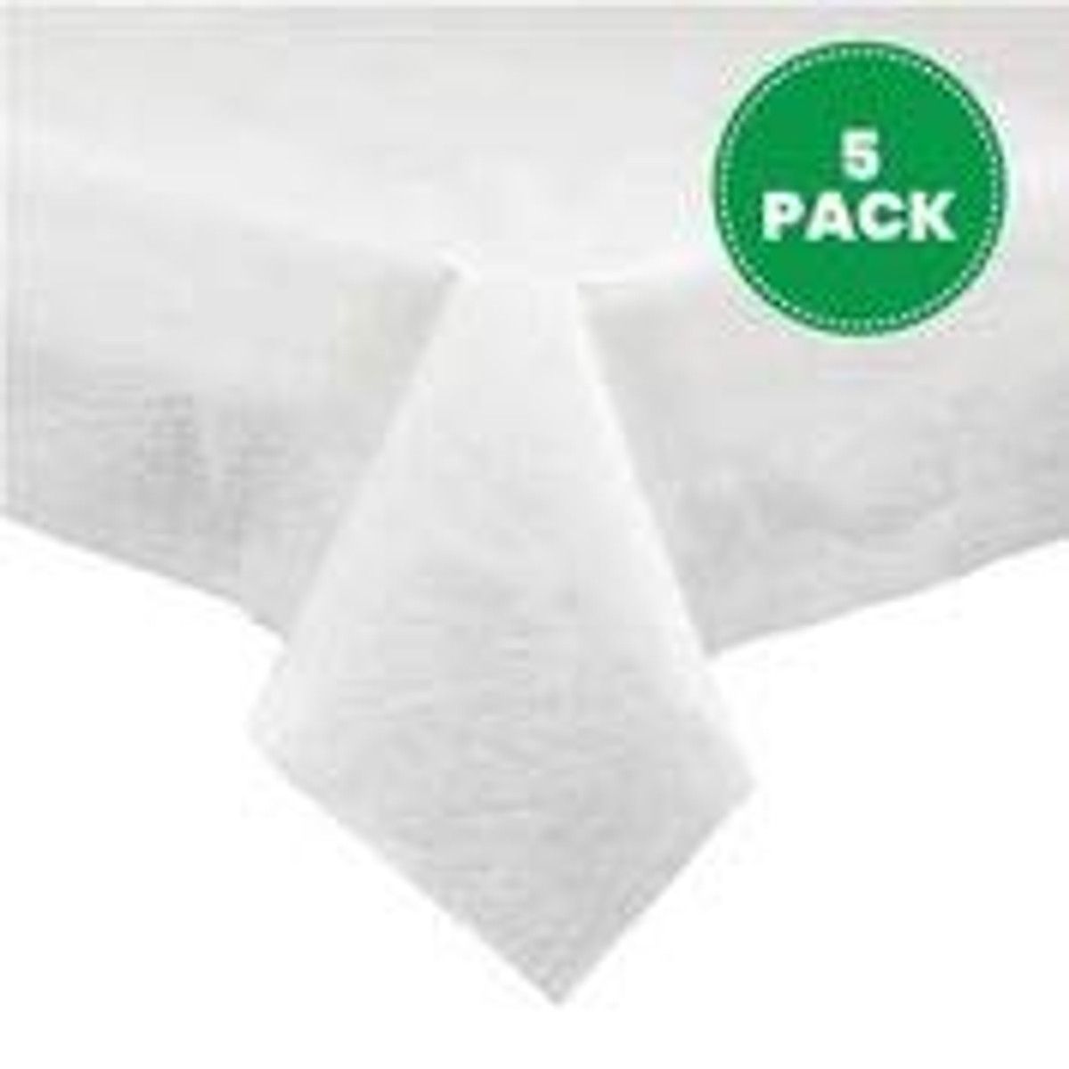 PLASTICPRO Disposable 3 Ply Paper & Plastic Tablecloth Absorbent, Waterproof, White Table Cover for Rectangle Tables fits 6-8 Foot Tables Size: 54'' X 108'' Pack of 5