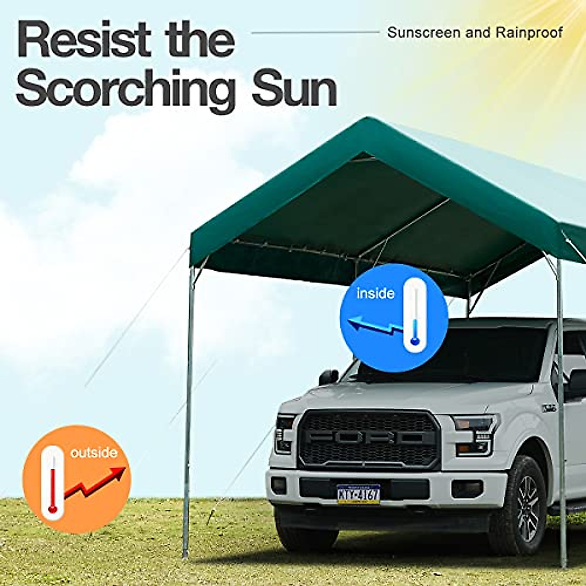 FINFREE Carport 10 x 20 ft Heavy Duty Carport with 4 Sandbags, Car Canopy for Auto, Boat & Market Stall, Adjustable Height from 9.5 ft to 11 ft,Green