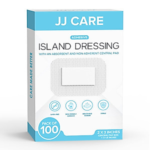 JJ CARE Adhesive Island Dressing [Pack of 100], 2x3 Sterile Bordered Gauze Dressing, Individually Wrapped Island Wound Dressing with Highly Absorbent Non-Stick Center Pad