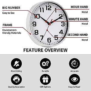 Rulart Wall Clock Battery Operated Bedroom - Modern Kitchen Small Silent Analog Round Simple Quiet Quartz Black Wall Clocks Non Ticking Bathroom Office Garage School