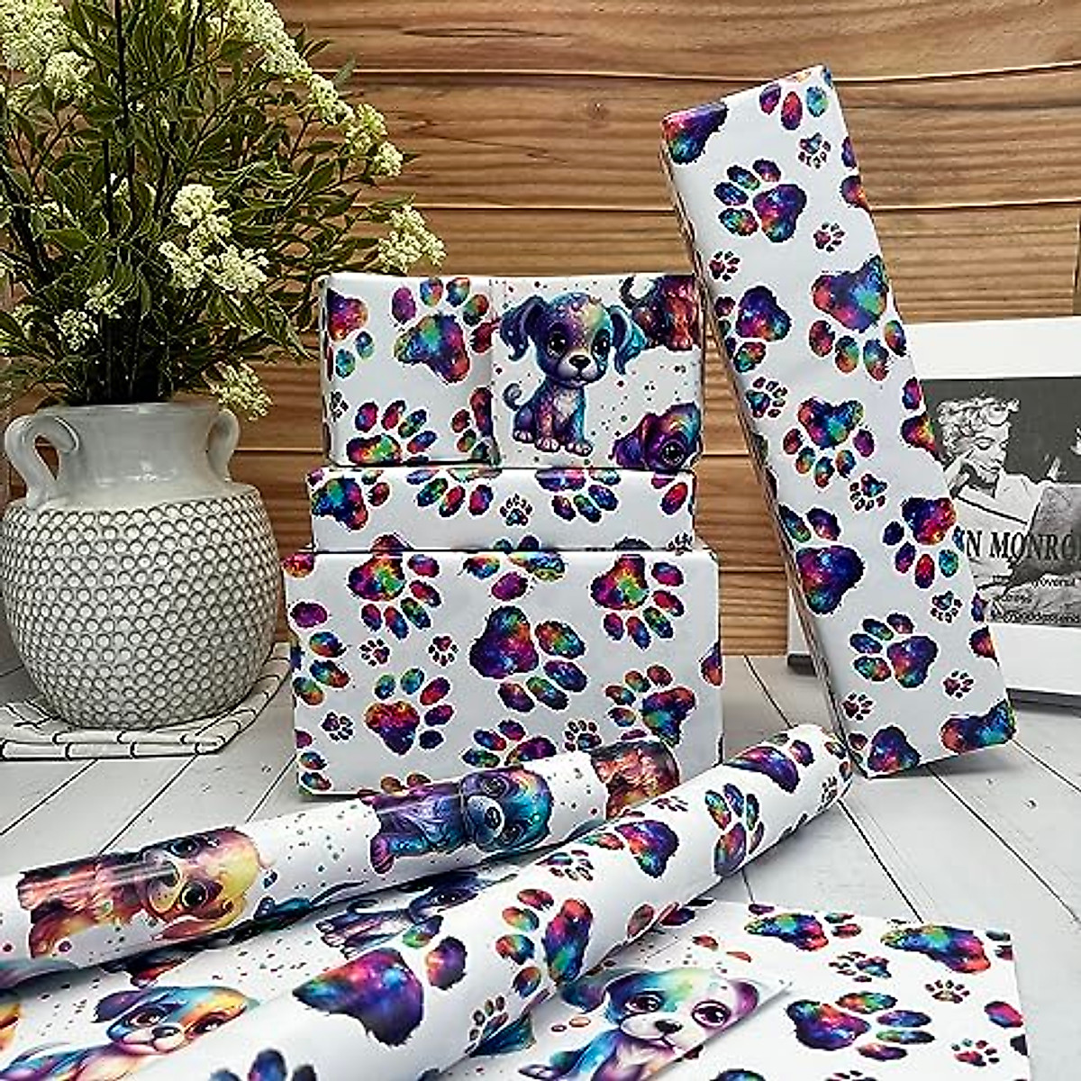 Dtiafu Dog Wrapping Paper - Colorful Paw Wrapping Paper for Boys Girls Kids Birthday Baby Shower Holiday - 20 X 28inch Per Sheet(8 Sheet Folded Flat)