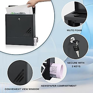 xydled Wall Mounted Mailbox with Lock,Secure Locking Mailbox for Outside, Large Steel Hanging Mailbox Modern Lockable Wall Mailbox for Residential with View Window, 12.8 x 12 x 3.54Inches,Black