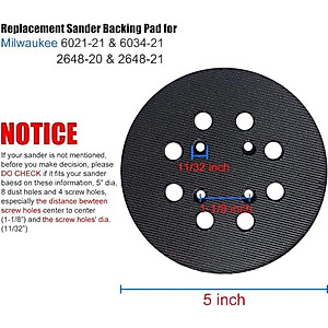 5-Inch 8-Hole Replacement Sander Pad for Milwaukee Sander, 5" Hook & Loop Sanding Pad for Milwaukee 6021-21 & 6034-21, 2648-20, 2648-21 Random Orbit Sander -1 Pack