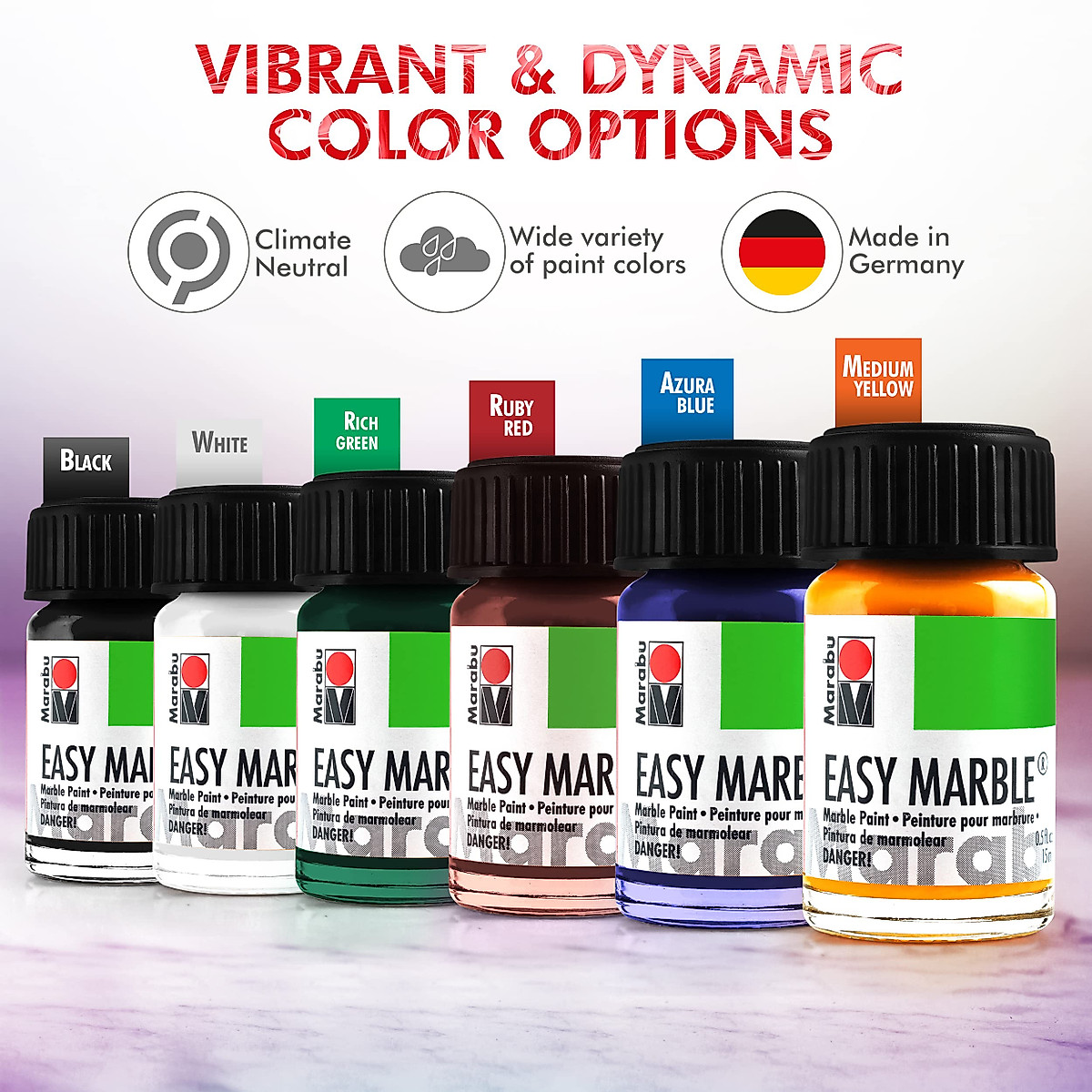 Marabu Easy Marble Paint Set - Primary Colors Starter Set - Marbling Paint Kit for Kids and Adults - Hydro Dipping Paint for Tumblers, Ceramic, Paper, Glass, Plastic - 6 x 15ml Bottles