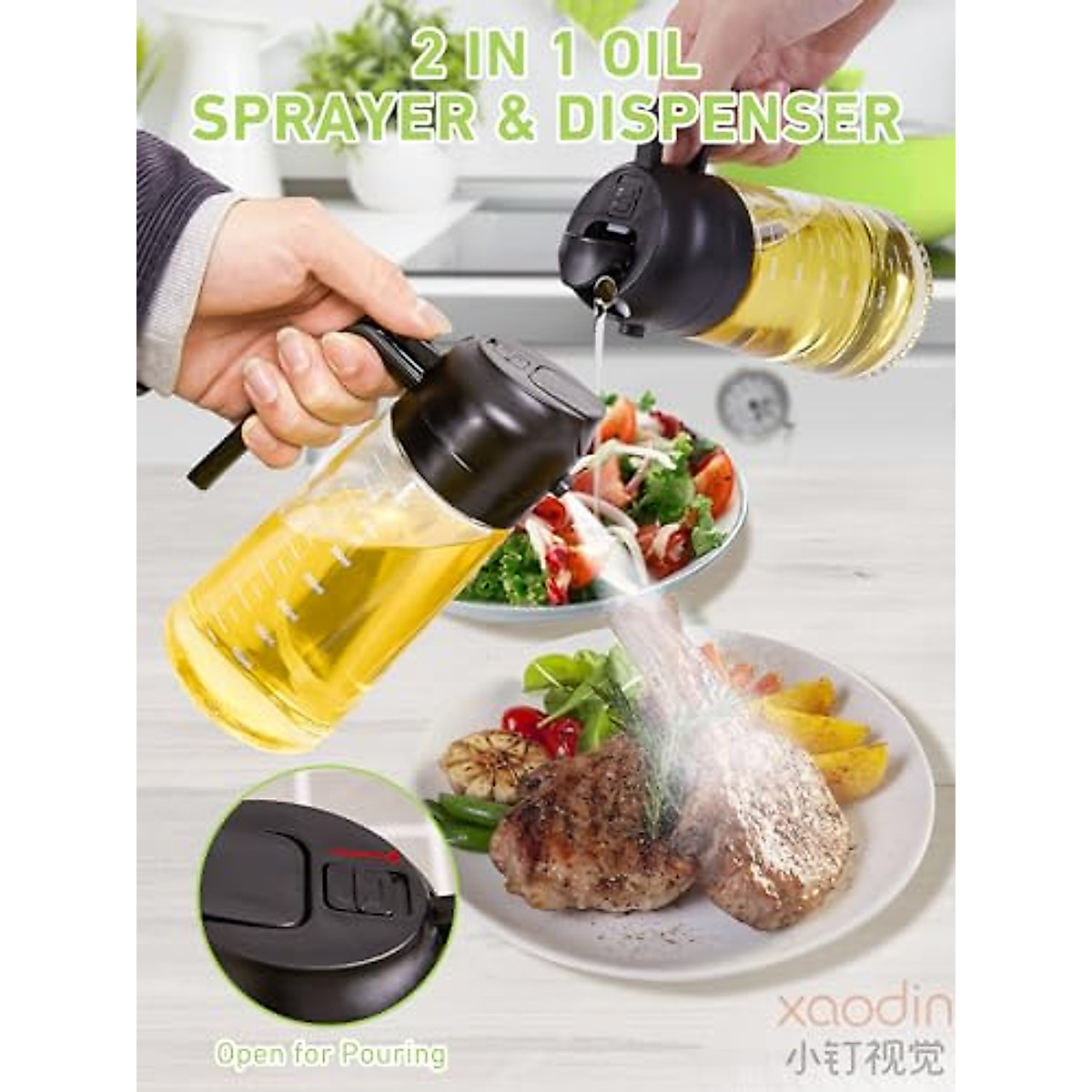 TrObayee 14oz Olive Oil Dispenser for Kitchen -2 in 1 Glass Oil Sprayer and Oil Dispenser,420ml Oil Bottles for Cooking,Air Fryer, Baking,Salad, Frying, BBQ (Black)