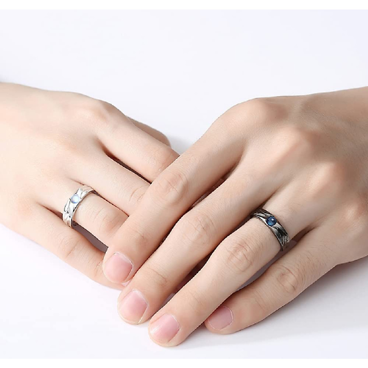 Awmnjtmgpw 925 Sterling Silver Retro Glazed Moonstone Ring Angel and Devil Couple Ring Black (Black)