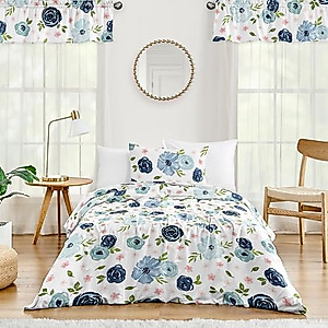 Sweet Jojo Designs Navy Blue and Pink Watercolor Floral Girl Twin Size Kid Childrens Bedding Comforter Set - 4 Pieces - Blush, Green and White Shabby Chic Rose Flower