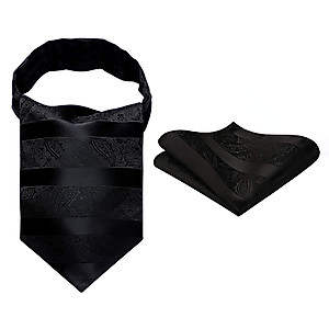 HISDERN Men's Cravats Black Ascot Ties for Men Paisley and Pocket Square Set Woven Classic Floral Ascot Scarf for Men Handkerchief Wedding Party
