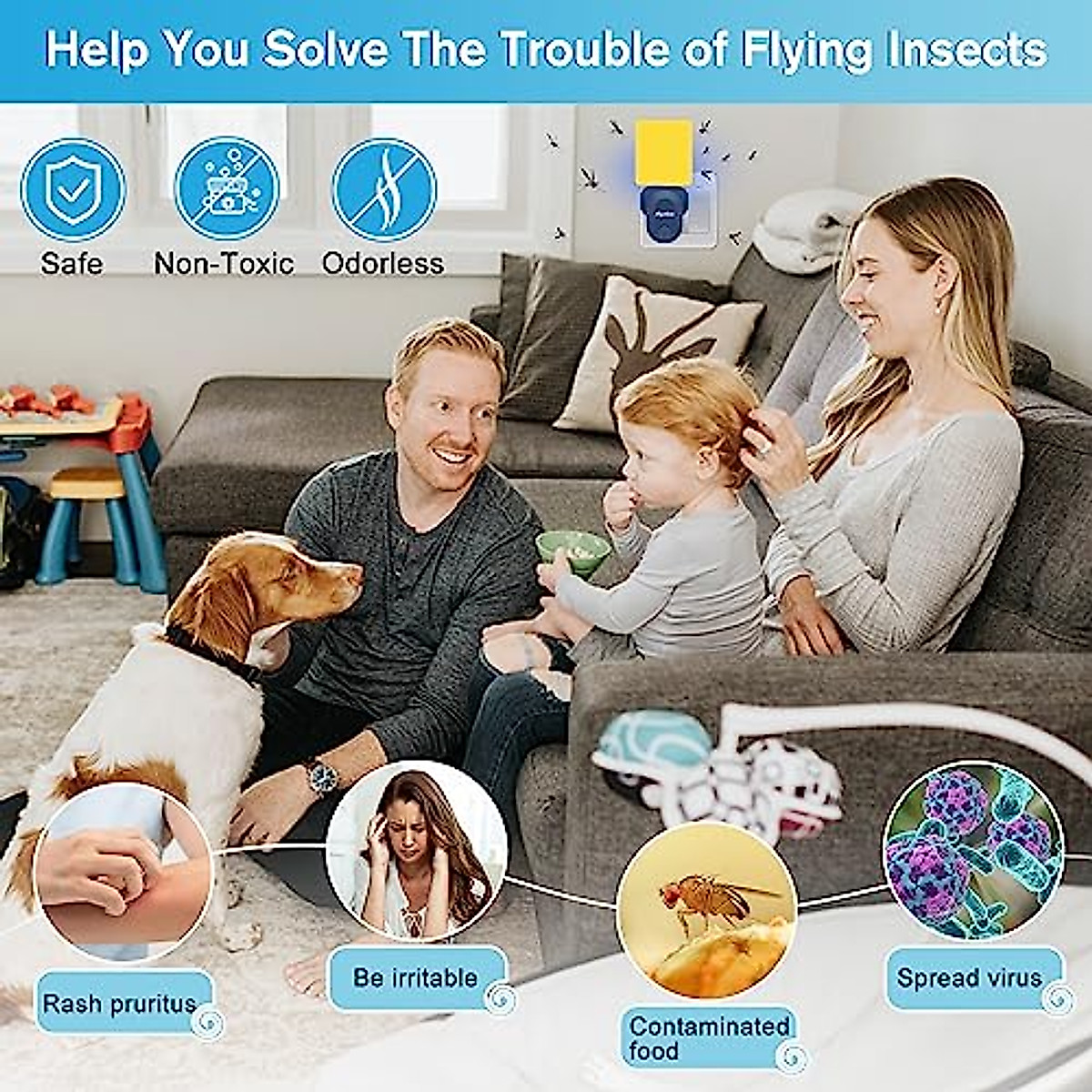 Flying Insect Trap Plug-in, 2023 Upgrade Plug-in Bug Catcher Mosquito Fruit Fly Trap Gnat Killer Indoor, Safe Non-Toxic UV Night Light Fly Trap with Sticky Trap for Flies, Gnats, Moths (Blue, 1 Pack)