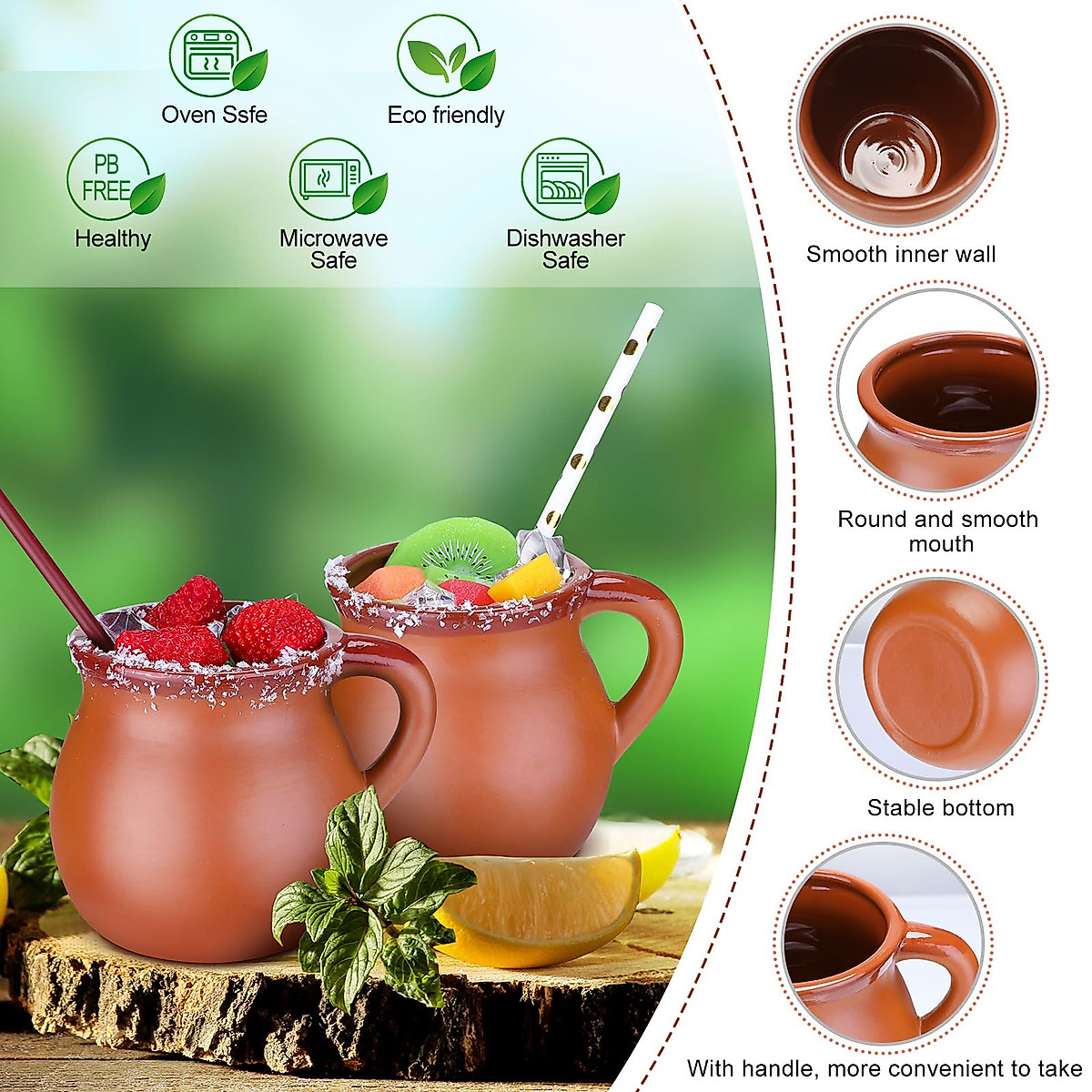 Gejoy Pack of 6 12 oz Cantaritos De Barro mexican clay mugs Clay Cups Artisan Made Coffee Mugs, Cocktail Glasses and Tea Cups for Tequila, Margaritas, Mojitos Cold Hot Drinks