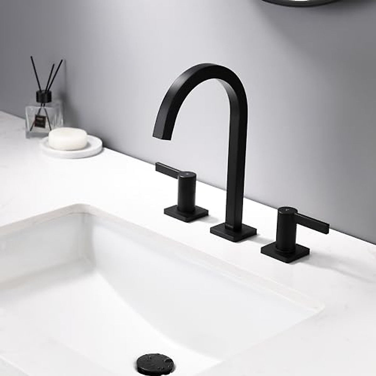 indare Matte Black Bathroom Faucet, 8 Inch Brass Widespread Bathroom Faucets for Sink 3 Hole, Bathroom Sink Faucet with Pop-Up Drain & Supply Lines, 110104-PB