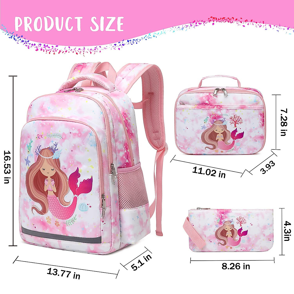 Aimeen Backpack for Girls Mermaid Backpack with Lunch Bag Pencil Box 3 in 1 Sets for Age 3+ Children Teen Elementary Lightweight School Bags