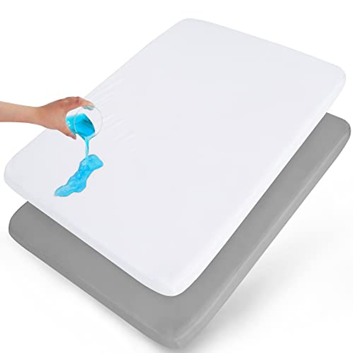 Pack and Play Sheets Fitted Waterproof 2 Pack, Mini Crib Mattress Protector 38" X 26" Portable Mini Crib Sheet for Boys & Girls/Trifold Pack and Play Mattress Topper 38" x 26", Gray