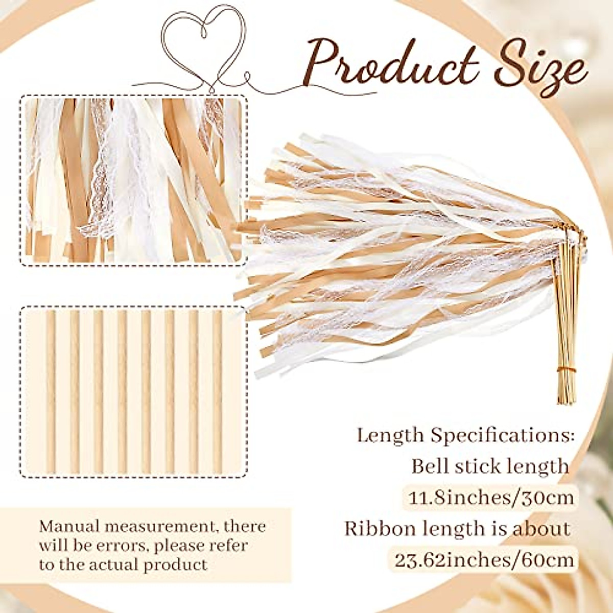 150 Pcs Lace Ribbon Stick Wands Wedding Wand Streamers with Bell Silk Ribbon Fairy Wand Wedding Send Off Streamer for Wedding Party Favors Baby Shower Holiday Celebration (Champagne, Beige)