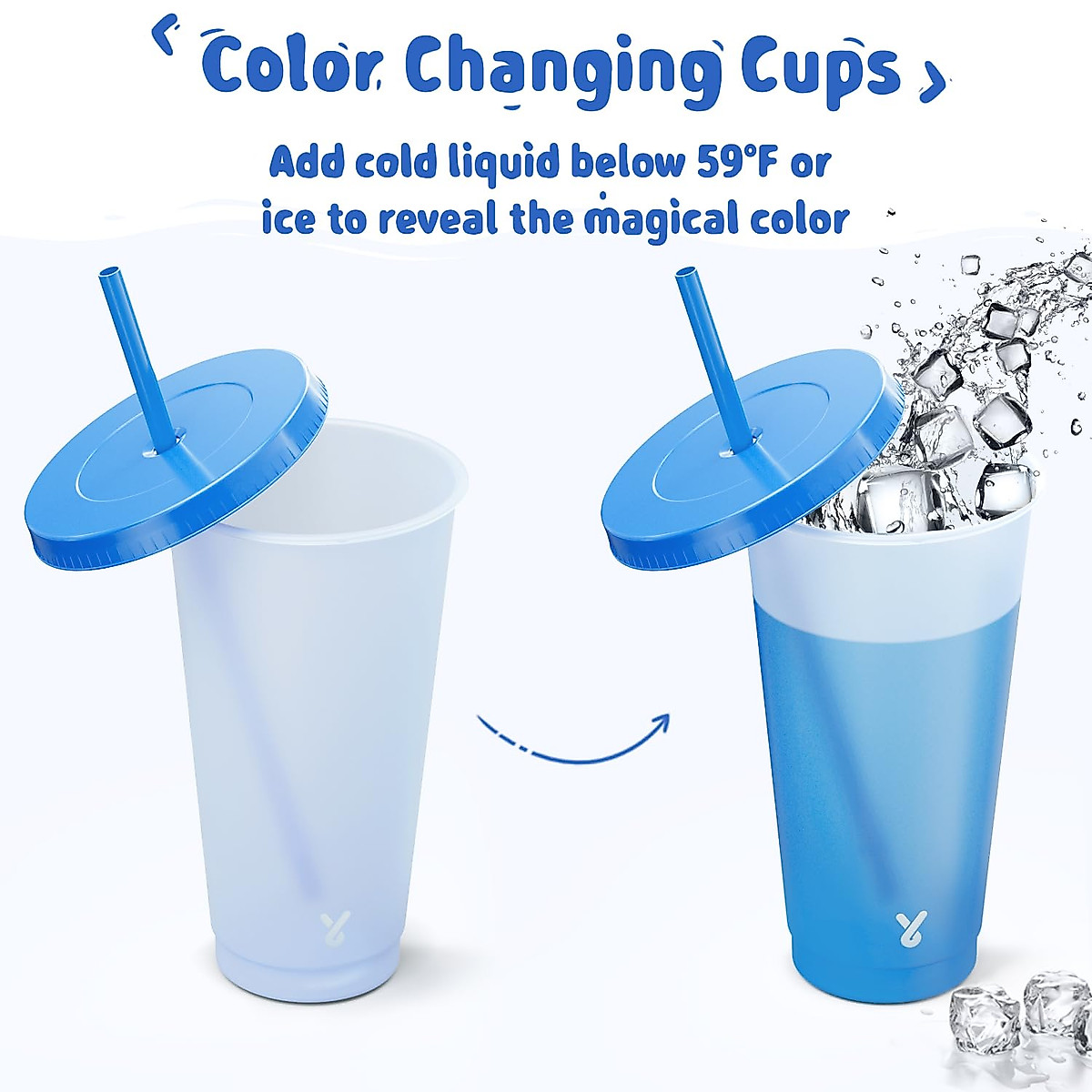 Meoky Plastic Cups with Lids and Straws - 6 Pack 24 oz Tumblers Bulk for Iced Coffee, Reusable Color Changing Cups for Party, Car, Women, Adults, BPA-free (Blue)