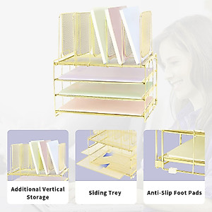 ORDROLL Desk Paper Organizer with Handle,3 Tier Letter Trays with 5 Vertical File Holder,Paper Storage,Desktop Organizer for Classroom,Home or Office,Gold