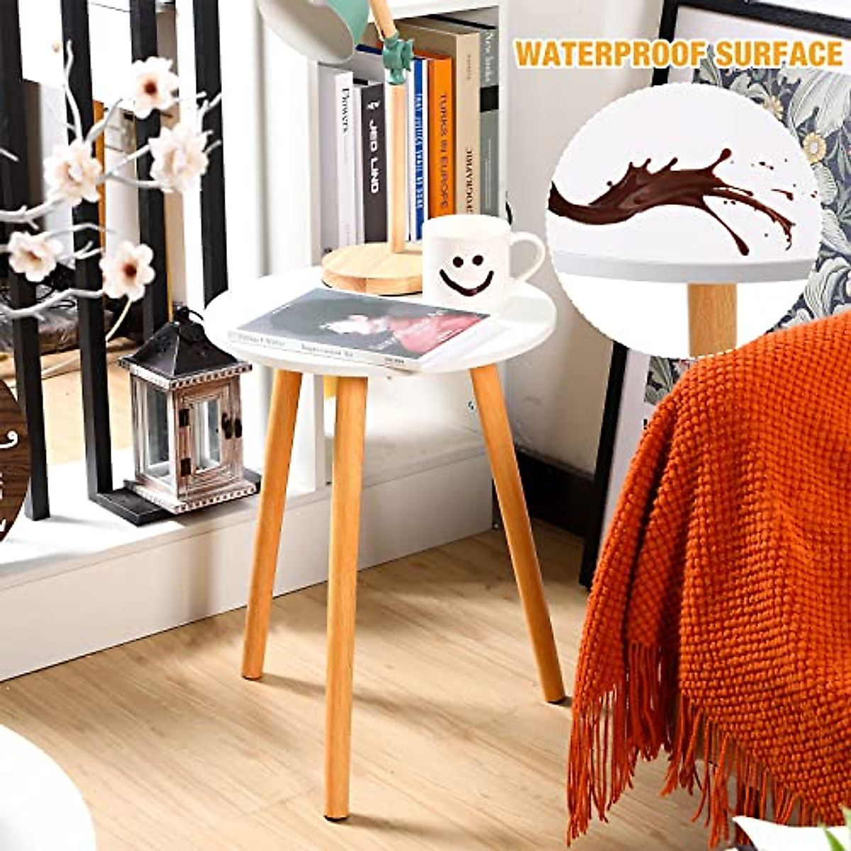 4 Set Round Side Table End Table with 3 Wood Legs Modern Accent Tray Nightstand White Bedside Table Small Coffee End Table for Living Room, Bedroom, Small Spaces, Easy Assembly 20.5 x 15.7 Inches