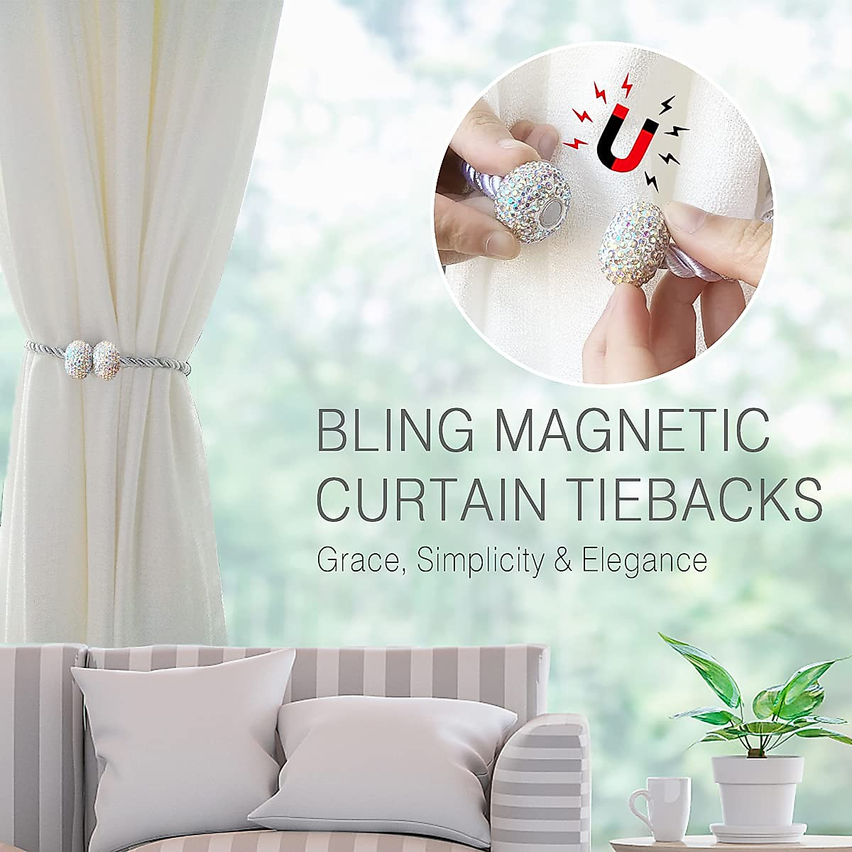 Bling Magnetic Curtain Tiebacks, Decorative Curtain Holdbacks, Crystal Tie Backs for Curtains, Curtain Holders for Window Draperies - 16 inch, Grace, Simplicity & Elegance (Silver, 2)