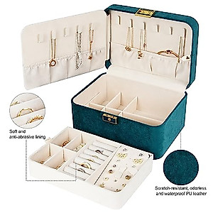 KAMIER Jewelry Box, 2 Layers PU Leather Jewelry Organizer Box, Large Capacity, Double Lock and Large Mirror, Hidden Necklace Hooks, Removable Dividers, Gift Box Packaging,Velvet Peacock Blue