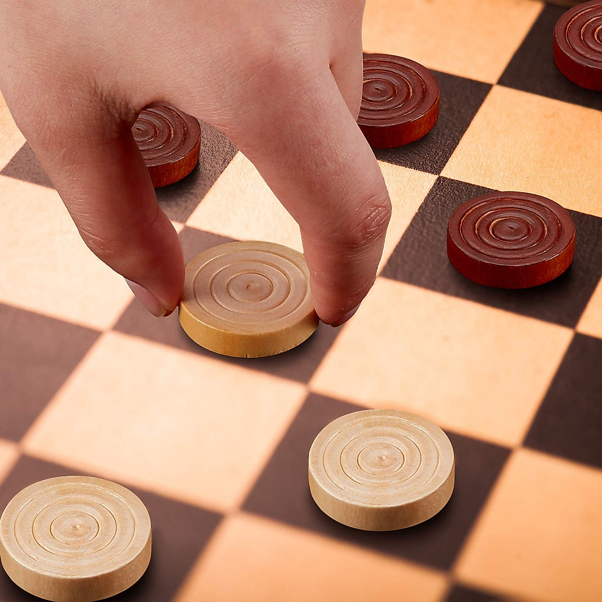 72 Pieces Wood Checkers 1.06 Inch Wooden Checkers Pieces Set with Stackable Ridge in Drawstring Storage Pouch for Board Game, Dark Brown and Natural