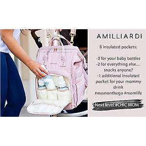 AMILLIARDI Diaper Bag Backpack - 6 INSULATED Bottle Holders - Detachable Stroller Straps (Light Pink)