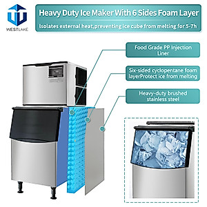 Westlake Commercial Ice Maker Machine Stainless Steel Full Cube NSF Certificated 500 lbs/24H Ice with 375lbs Storage Ice Maker Machine Capacity-Ideal for Coffee Shops, Hotels, Bars, Restaurants