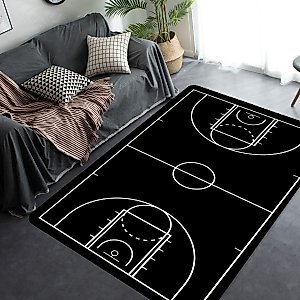 Black Basketball Floor Home Decor Print Large Area Rugs for Teen Boy Kids Bedroom, Non-Skid Rubber Back Indoor Floor Carpet Yoga Mat Living Room Bedroom Play Room Mat