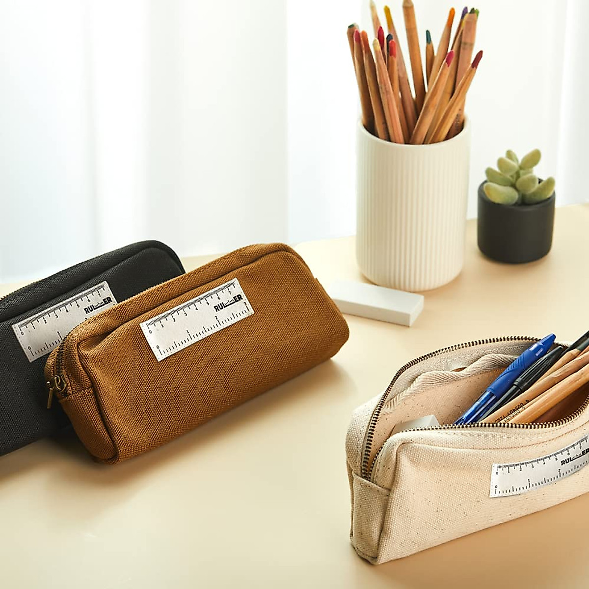 Pencil Case Trilly Premium Canvas Pencil Pouch Made of Resilient Canvas Fabric Multi Purpose Pencil Bag with Smooth Zipper Highly Portable and Lightweight College School Supplies (Canvas Ivory)