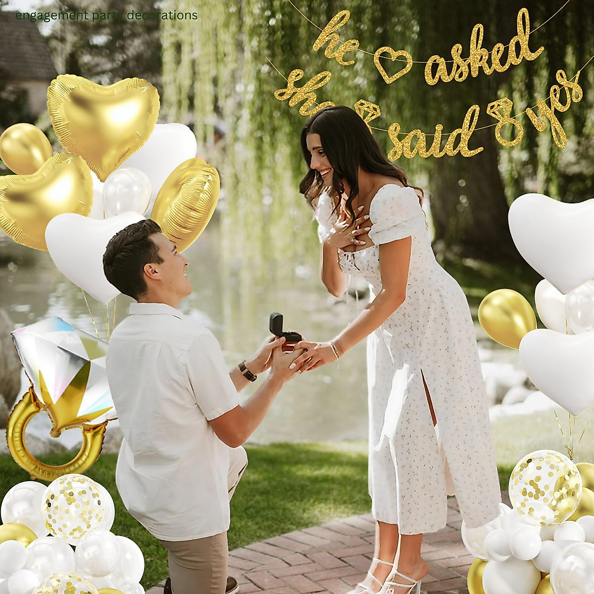 248 Pc Engagement Party Decorations , Gold and White Bridal Decorations , He Asked She Said Yes Banner , Engaged Letter Balloons , Future Mrs and Mr Balloons & Sashes , Ring Balloon , Boxes & more