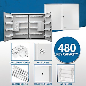 Barska Key Lock Key Cabinet Lock Box with Numbered Hooks and Tags - 480 Position - White Tags