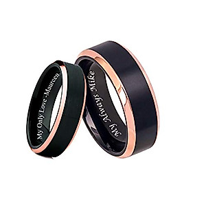 Personalized Rose Gold & Brushed Black Stainless Steel Ring Set Custom Engraved Free - Couple's Ring Set - Wedding Band - Ships from USA